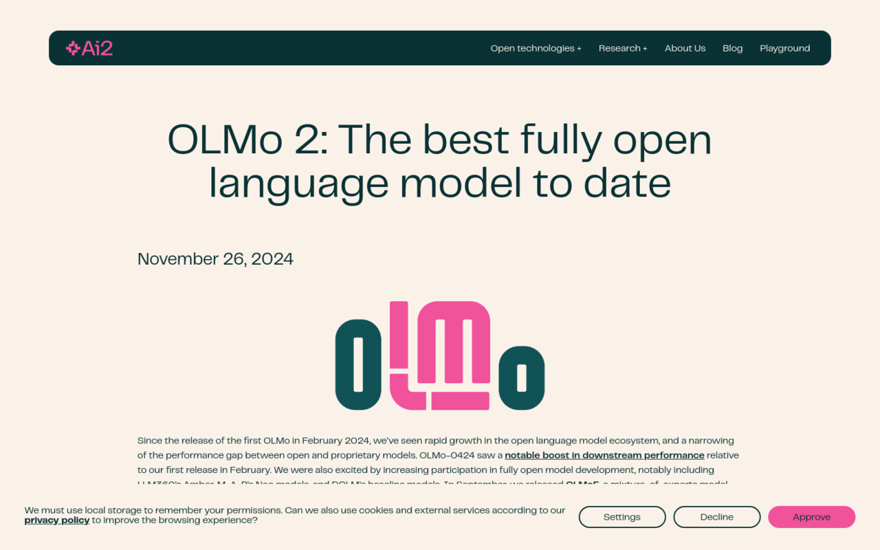 Ai2, 동급 최강 오픈 소스 sLM ‘올모 2’ 출시
